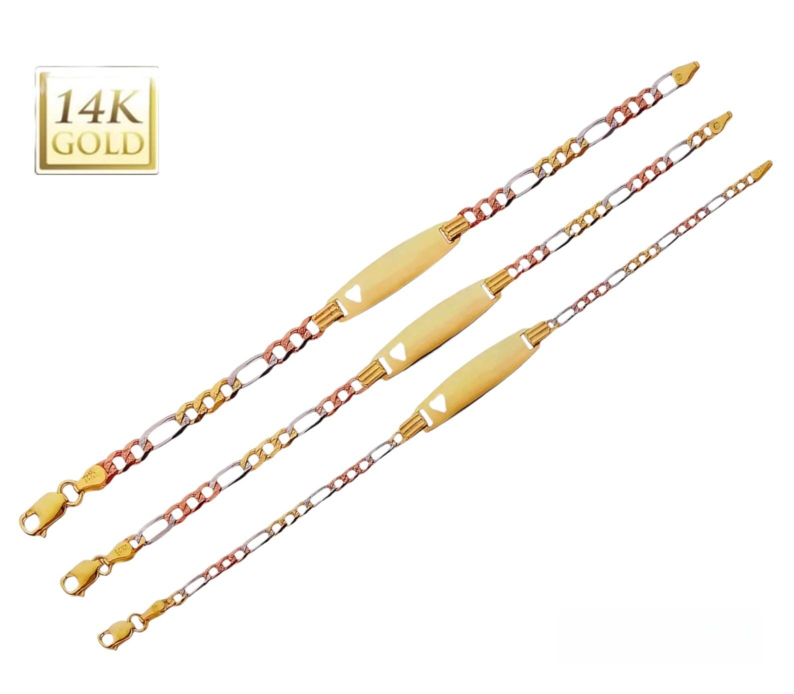 14K 3 Tone Gold 060 Figaro 3+1 3C Baby Oval ID With Heart Bracelet 6 ...