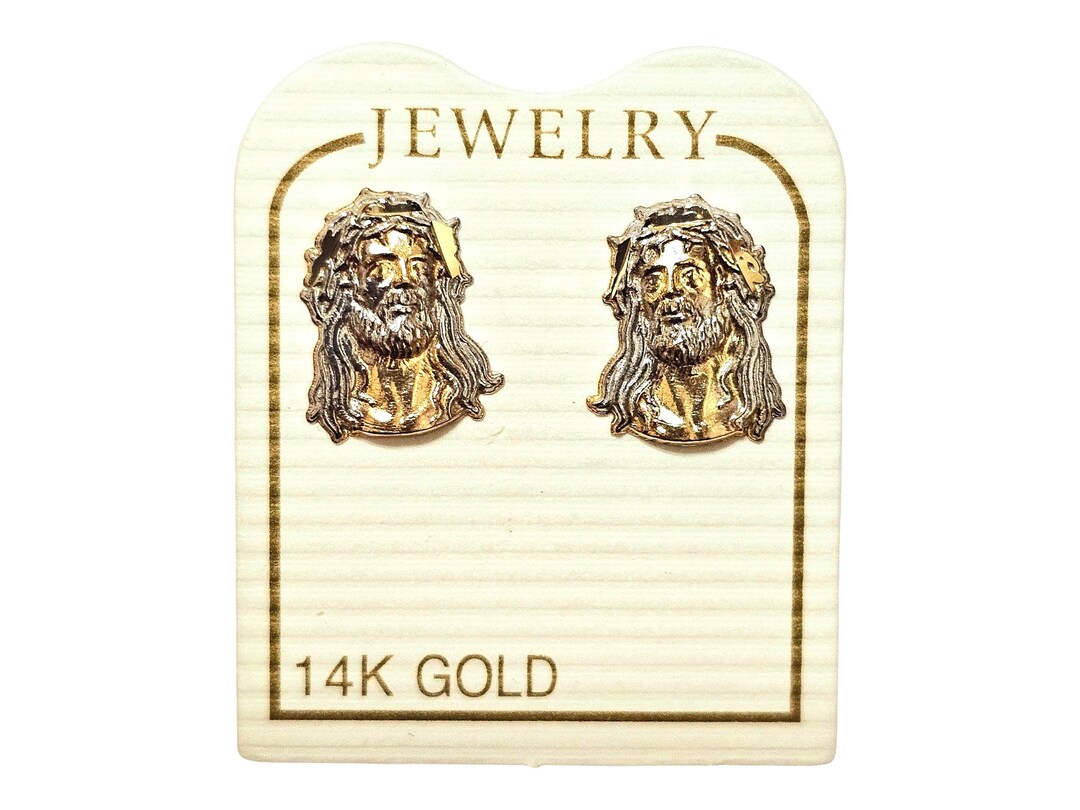 14K Solid Gold Earring Jesus Face With 2 Tone Color Push Backing ...