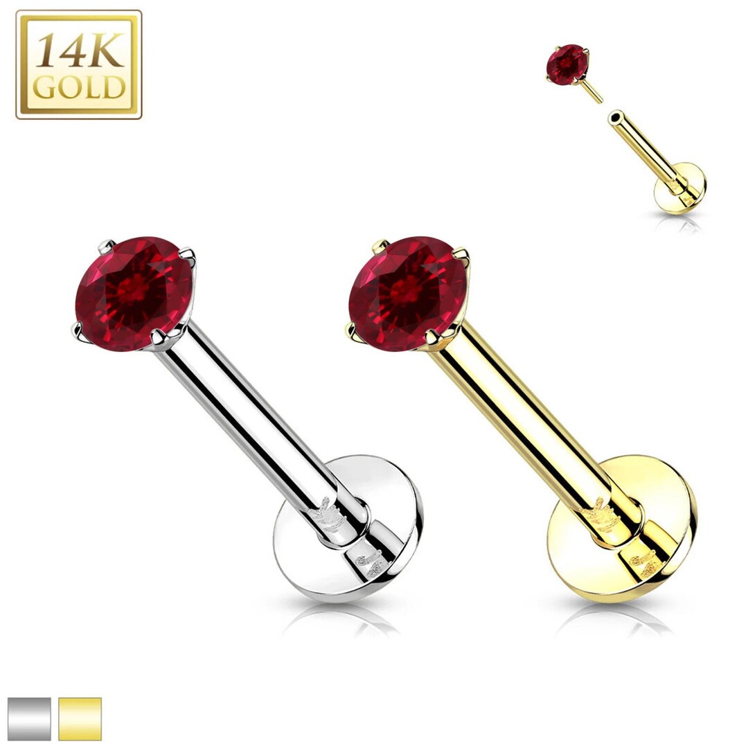 Ruby 14K Gold Threadless Push-in Labret 18 GAUGE, Flat Back Studs With ...