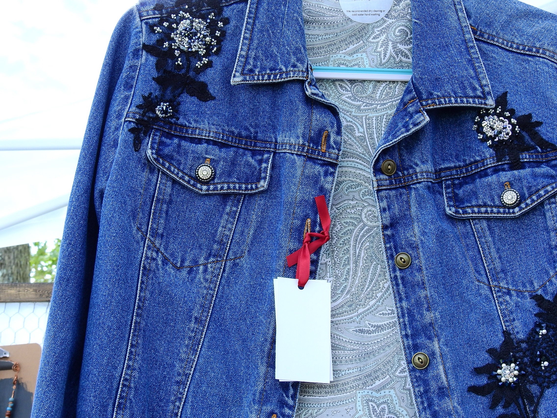 Black Lace & Crystal Jean Jacket. Womens Trucker Style LG. Denim. Lined ...