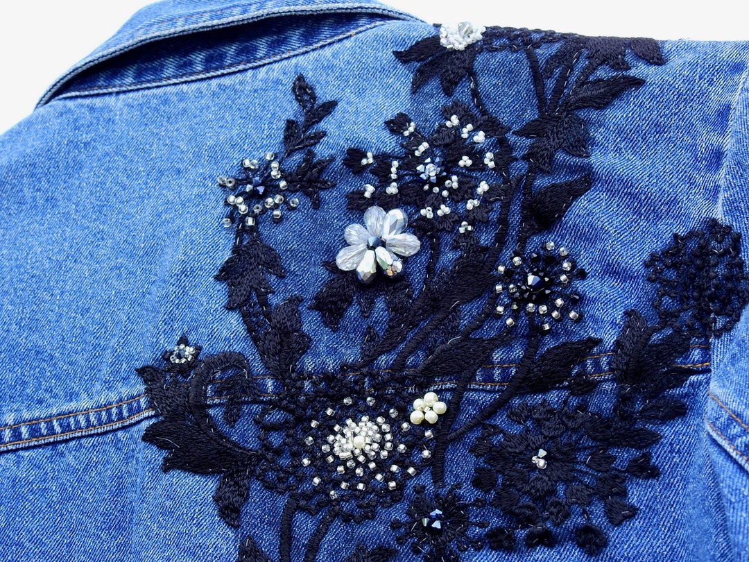 Black Lace & Crystal Jean Jacket. Womens Trucker Style LG. Denim. Lined ...