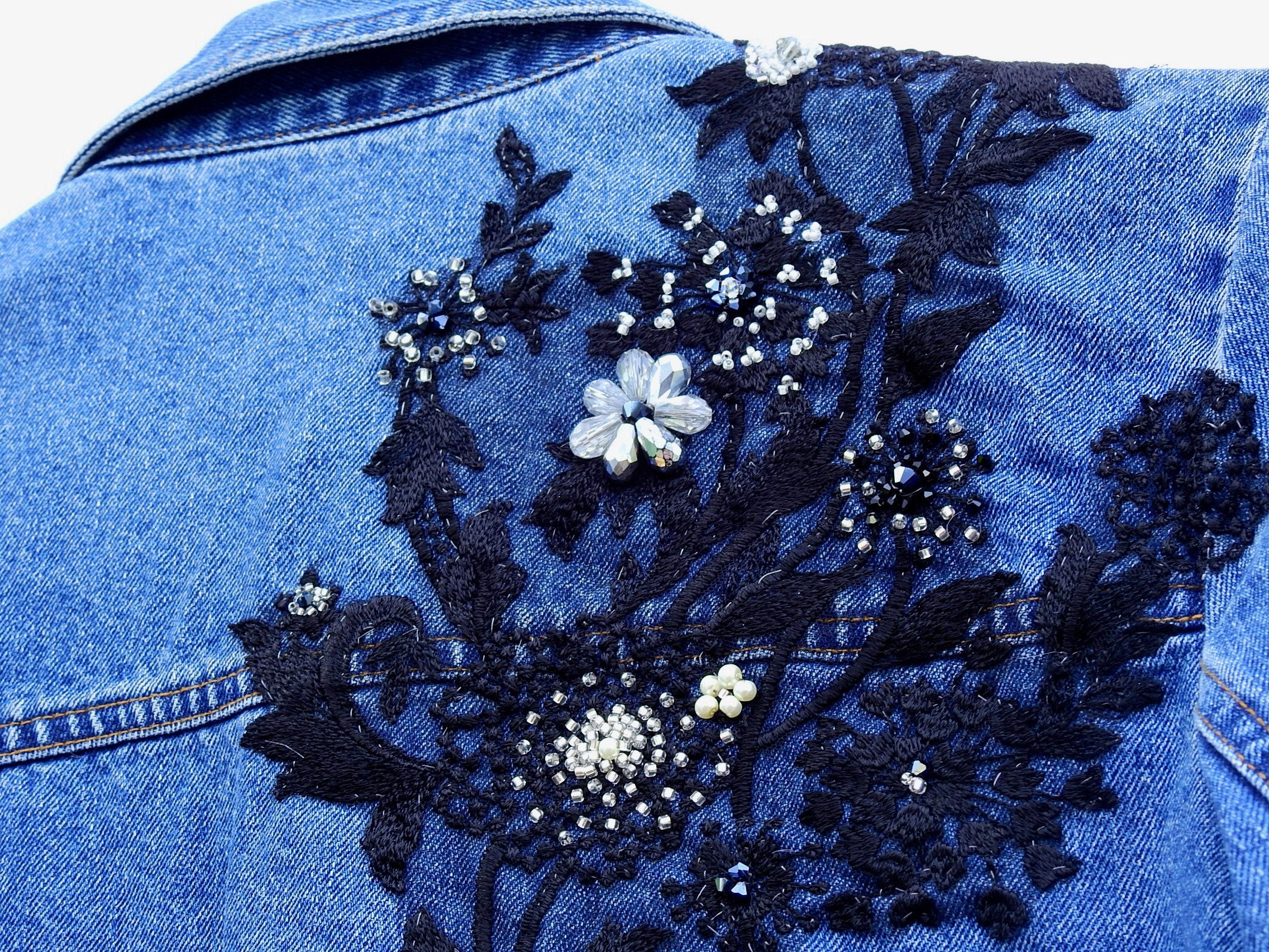 Black Lace & Crystal Jean Jacket. Womens Trucker Style LG. Denim. Lined ...