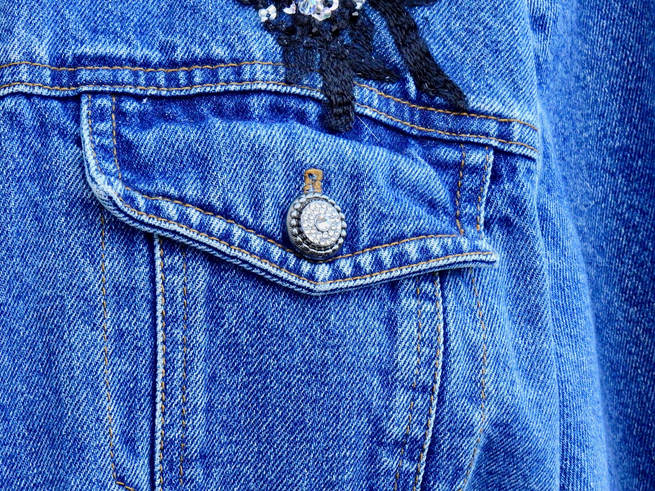 Black Lace & Crystal Jean Jacket. Womens Trucker Style LG. Denim. Lined ...