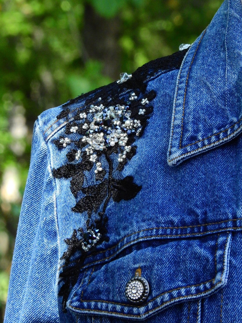Black Lace & Crystal Jean Jacket. Womens Trucker Style LG. Denim. Lined ...