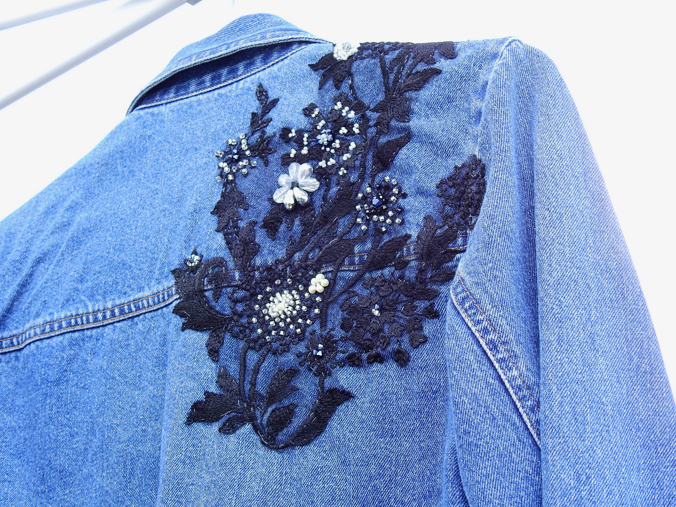 Black Lace & Crystal Jean Jacket. Womens Trucker Style LG. Denim. Lined ...