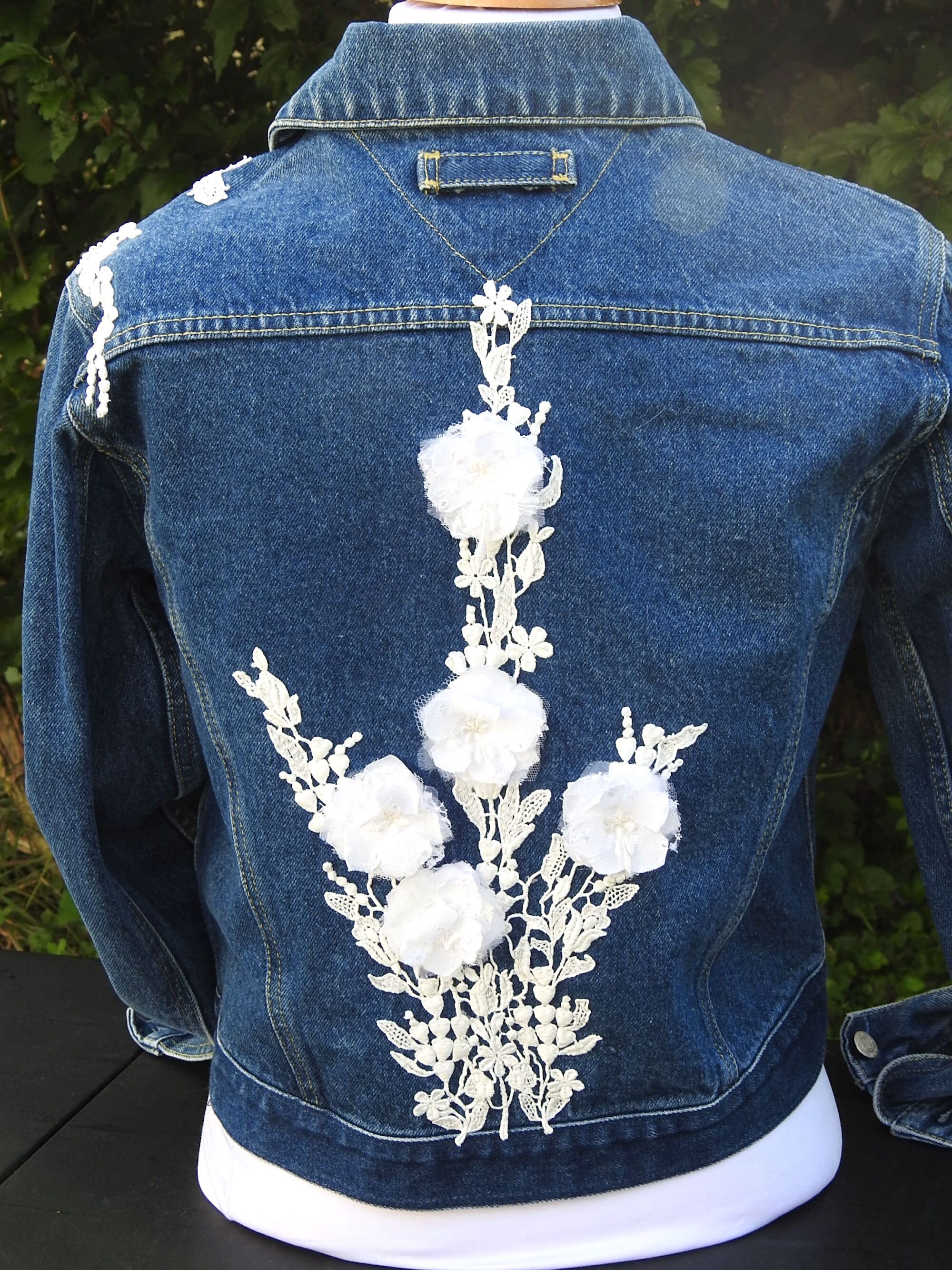 Jean Jacket With White Handmade Flowers. Lace Embellished With Crystals ...