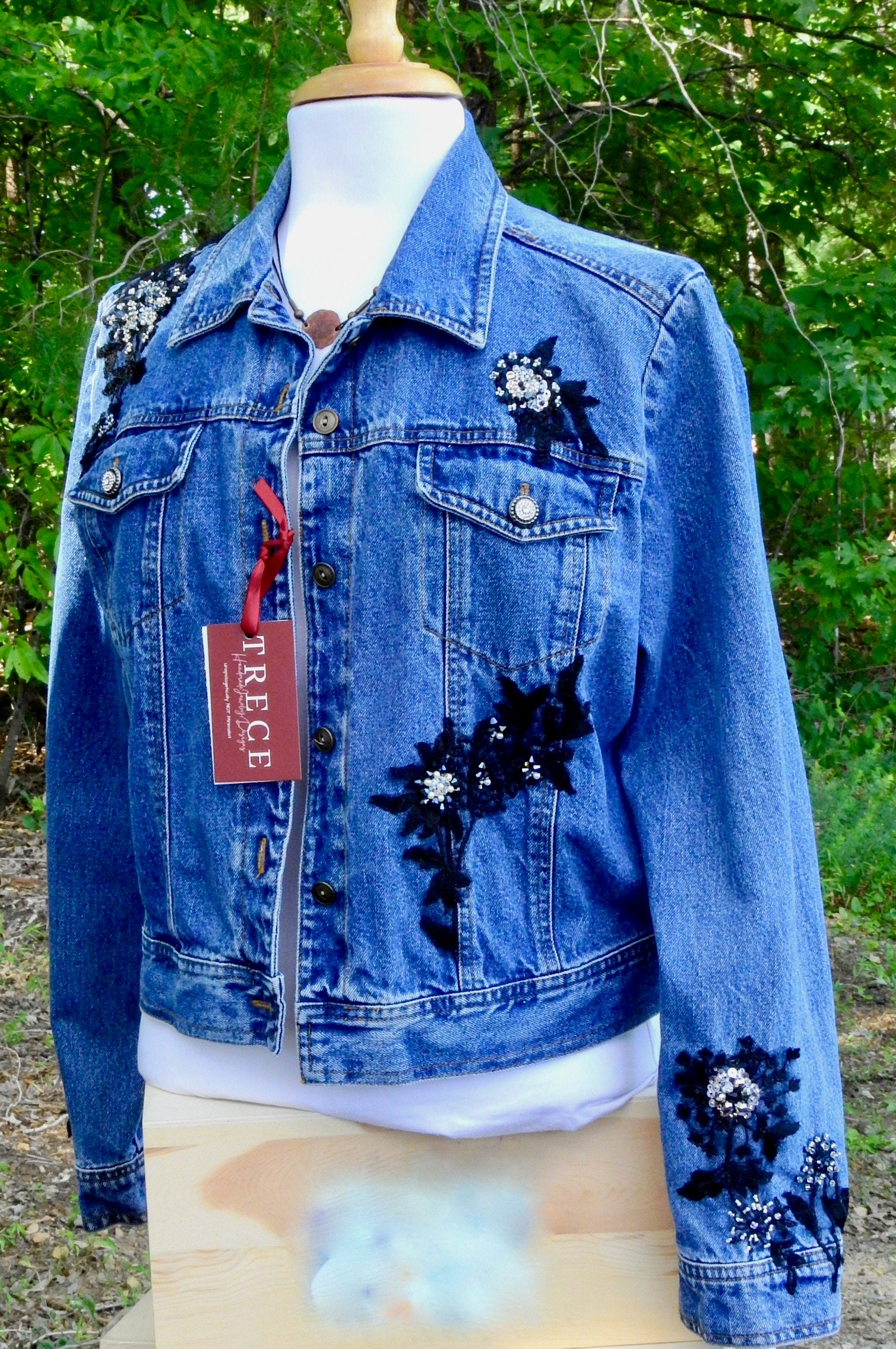 Black Lace & Crystal Jean Jacket. Womens Trucker Style LG. Denim. Lined ...