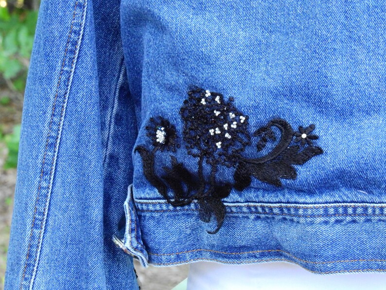 Black Lace & Crystal Jean Jacket. Womens Trucker Style LG. Denim. Lined ...