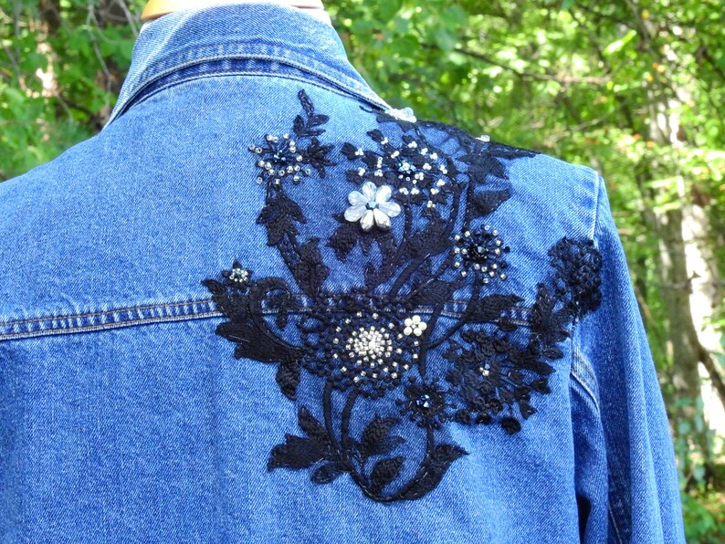 Black Lace & Crystal Jean Jacket. Womens Trucker Style LG. Denim. Lined ...