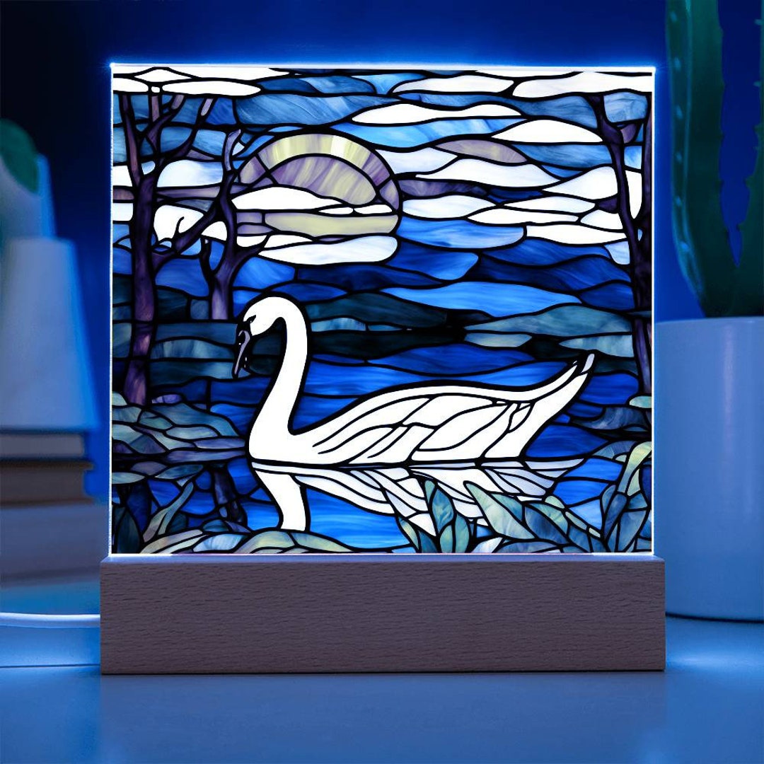 Swan LED Acrylic Table Home Decor, White Swans Sign, Faux Stained Glass ...