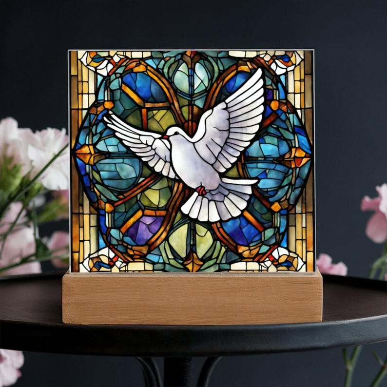Holy Spirit Dove Faux Stained Glass Religious LED Plaque Home Decor ...