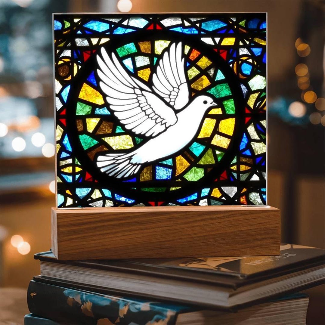 Holy Spirit Dove Faux Stained Glass Religious LED Plaque Home Decor ...