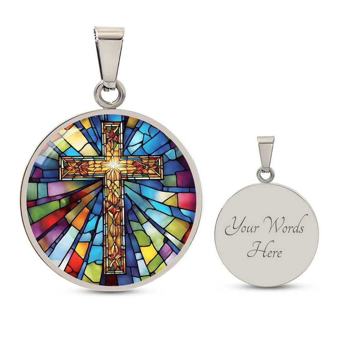 Stained Glass Effect Cross Engraved Necklace Jewelry Glass Pendant ...