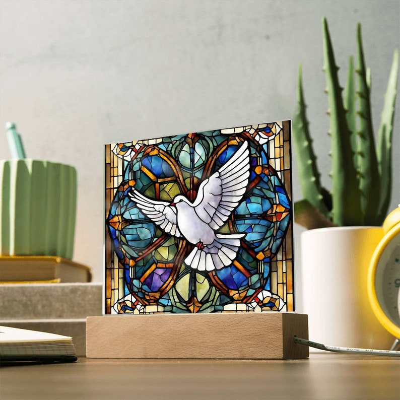 Holy Spirit Dove Faux Stained Glass Religious LED Plaque Home Decor ...