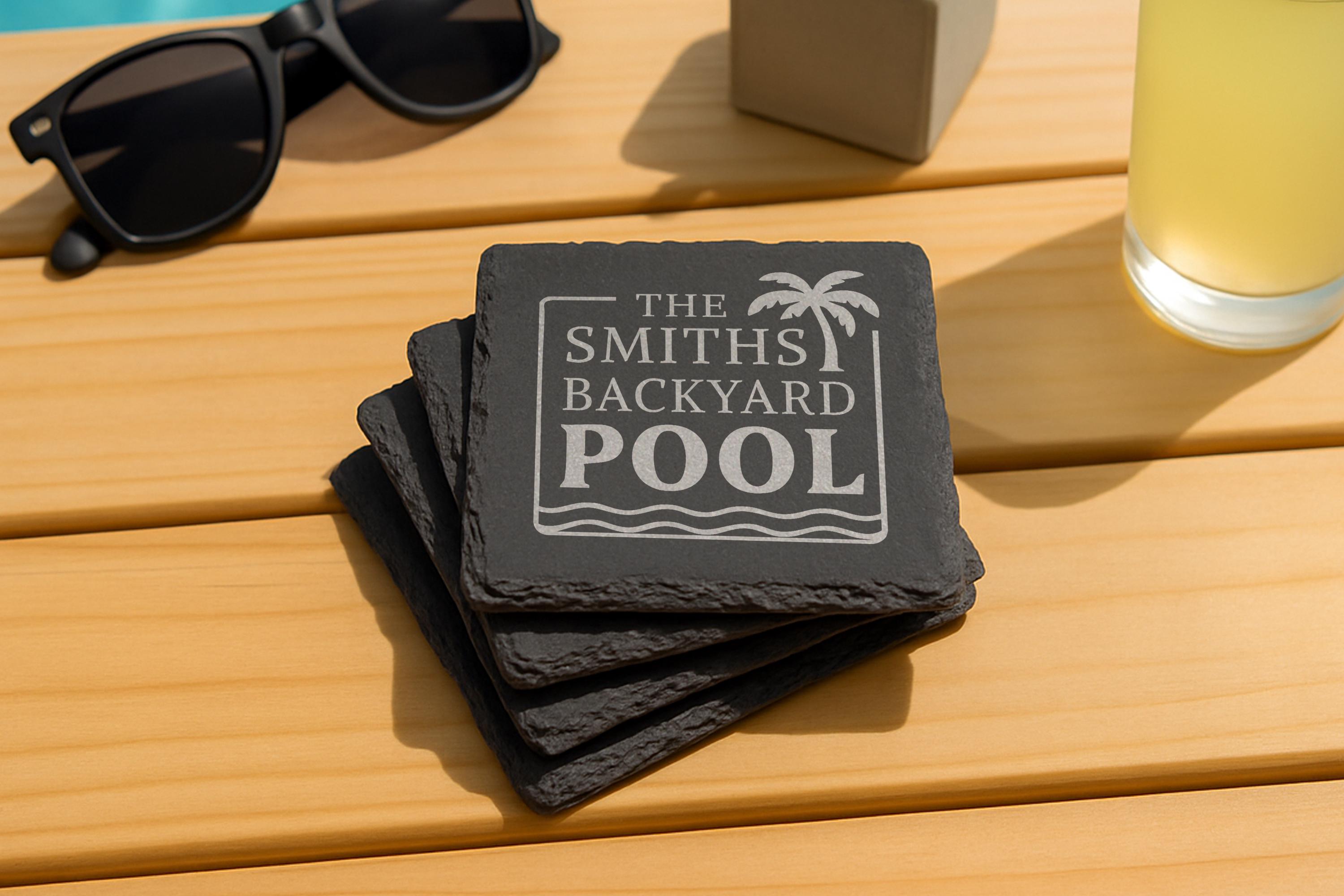 Personalized Slate Pool Coasters: Engraved Drink Coasters, Backyard Bar ...
