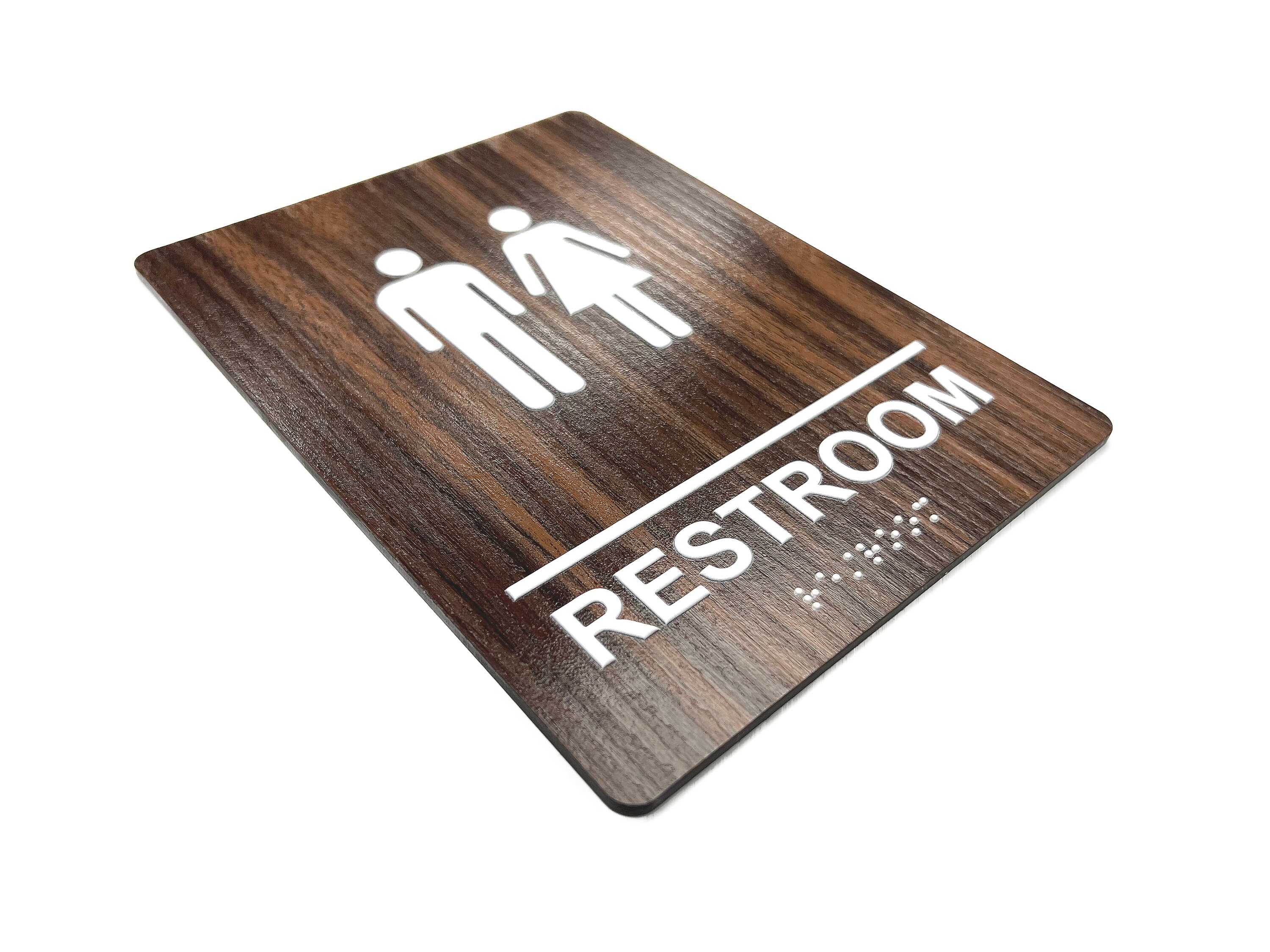 ADA Compliant Bathroom Sign With Braille - Acrylic With Teak Wood Grain ...