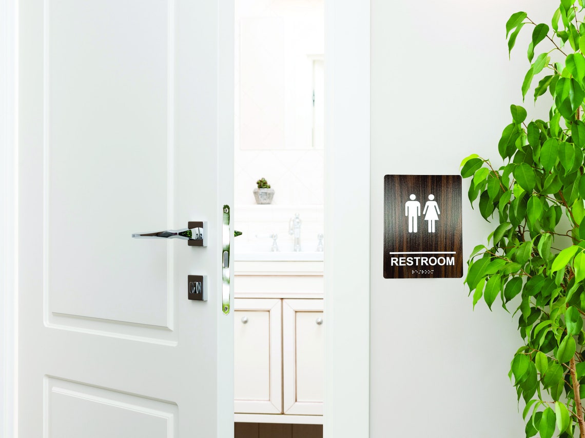 ADA Compliant Bathroom Sign With Braille - Acrylic With Teak Wood Grain ...