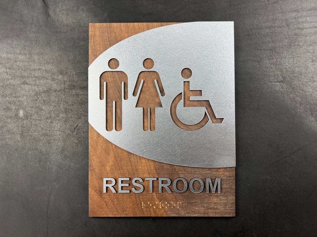 ADA Compliant Rustic Wood and Textured Steel Bathroom Sign With Raised ...