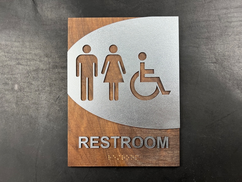 ADA Compliant Rustic Wood and Textured Steel Bathroom Sign With Raised ...