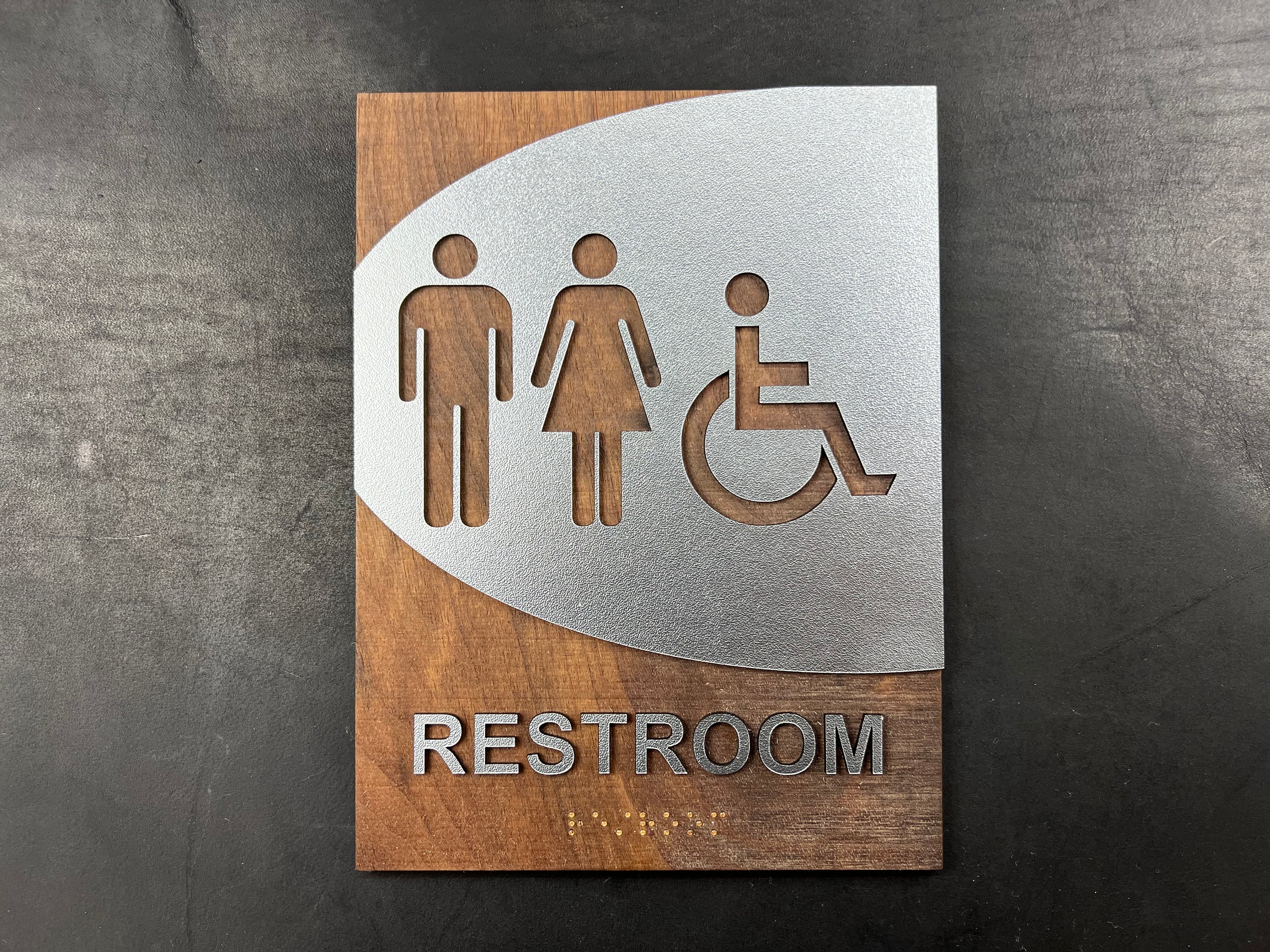 ADA Compliant Rustic Wood and Textured Steel Bathroom Sign With Raised ...