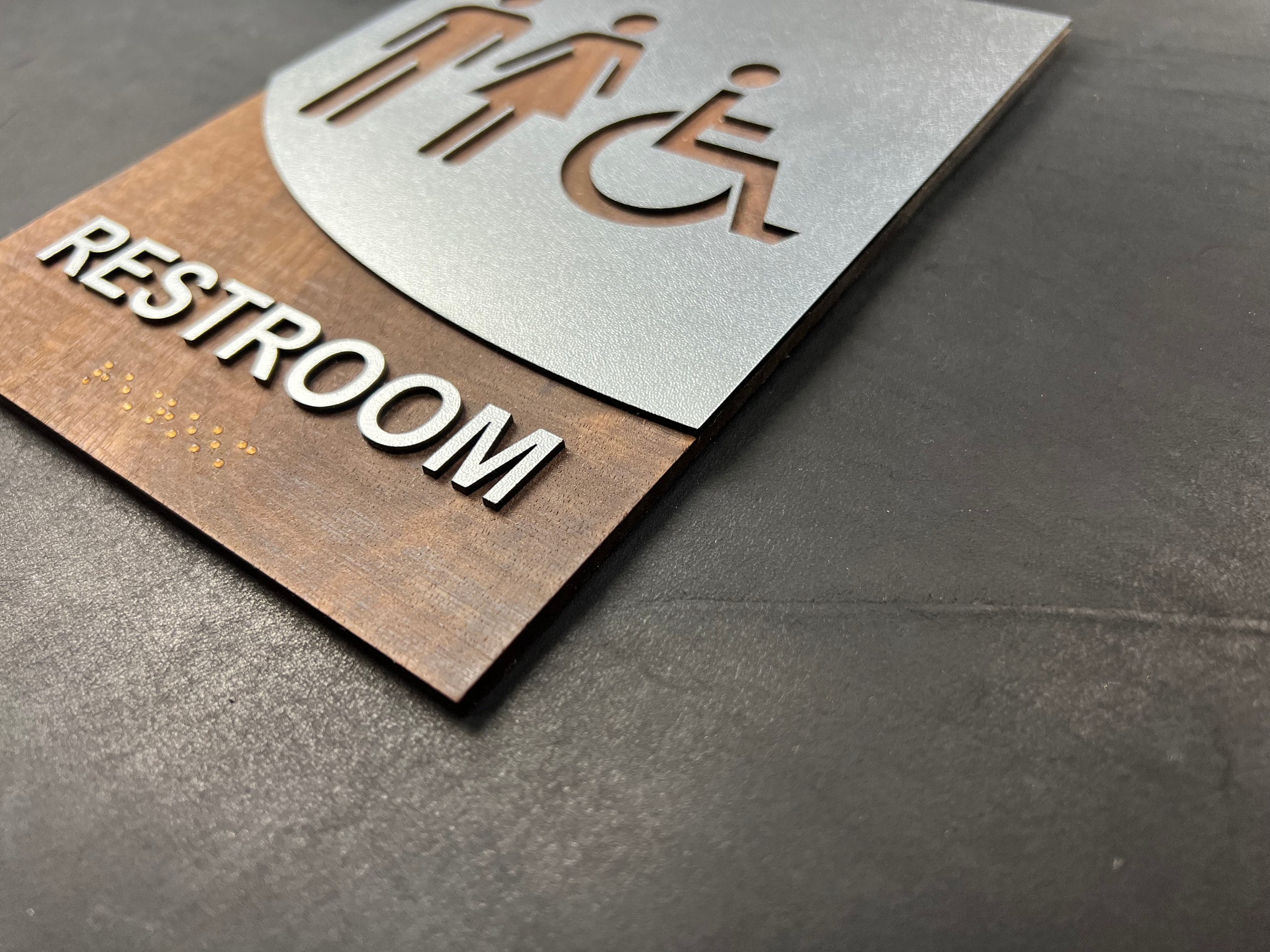 ADA Compliant Rustic Wood and Textured Steel Bathroom Sign With Raised ...