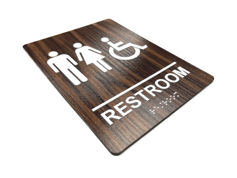 ADA Compliant Bathroom Sign With Braille - Acrylic With Teak Wood Grain ...