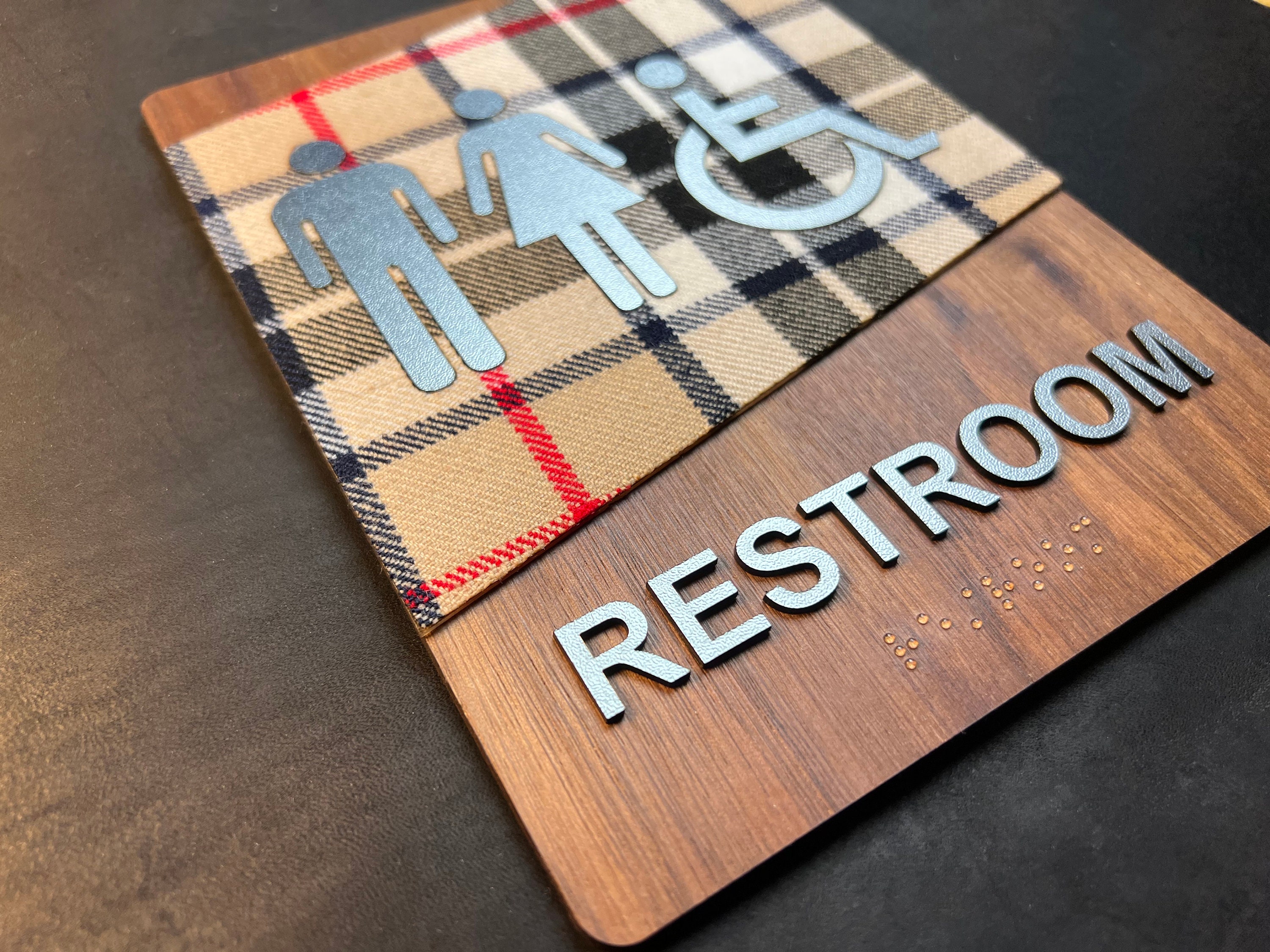 ADA Compliant Rustic Walnut Wood and Textured Silver Bathroom Sign With ...