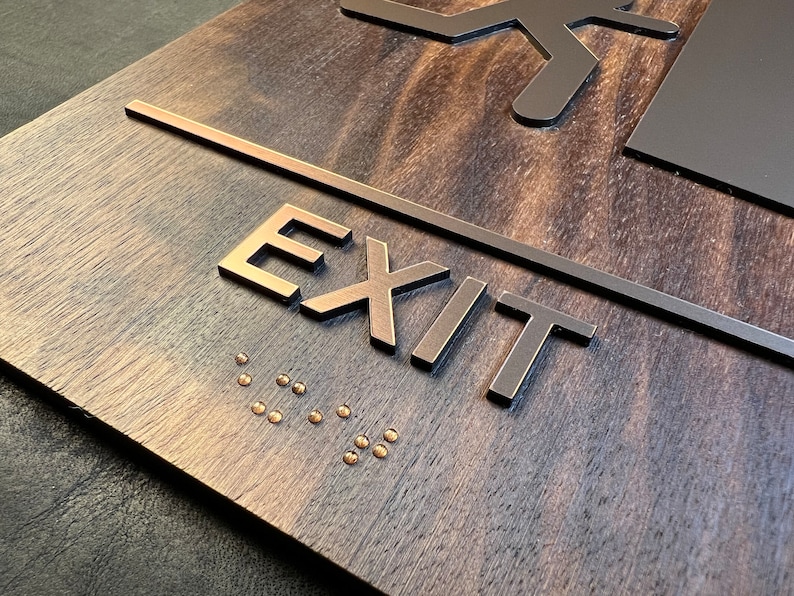 ADA Compliant Sleek Wooden Exit Sign With Raised Letters and Braille 6 ...