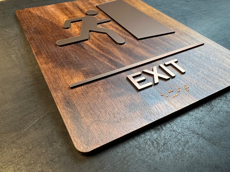ADA Compliant Sleek Wooden Exit Sign With Raised Letters and Braille 6 ...