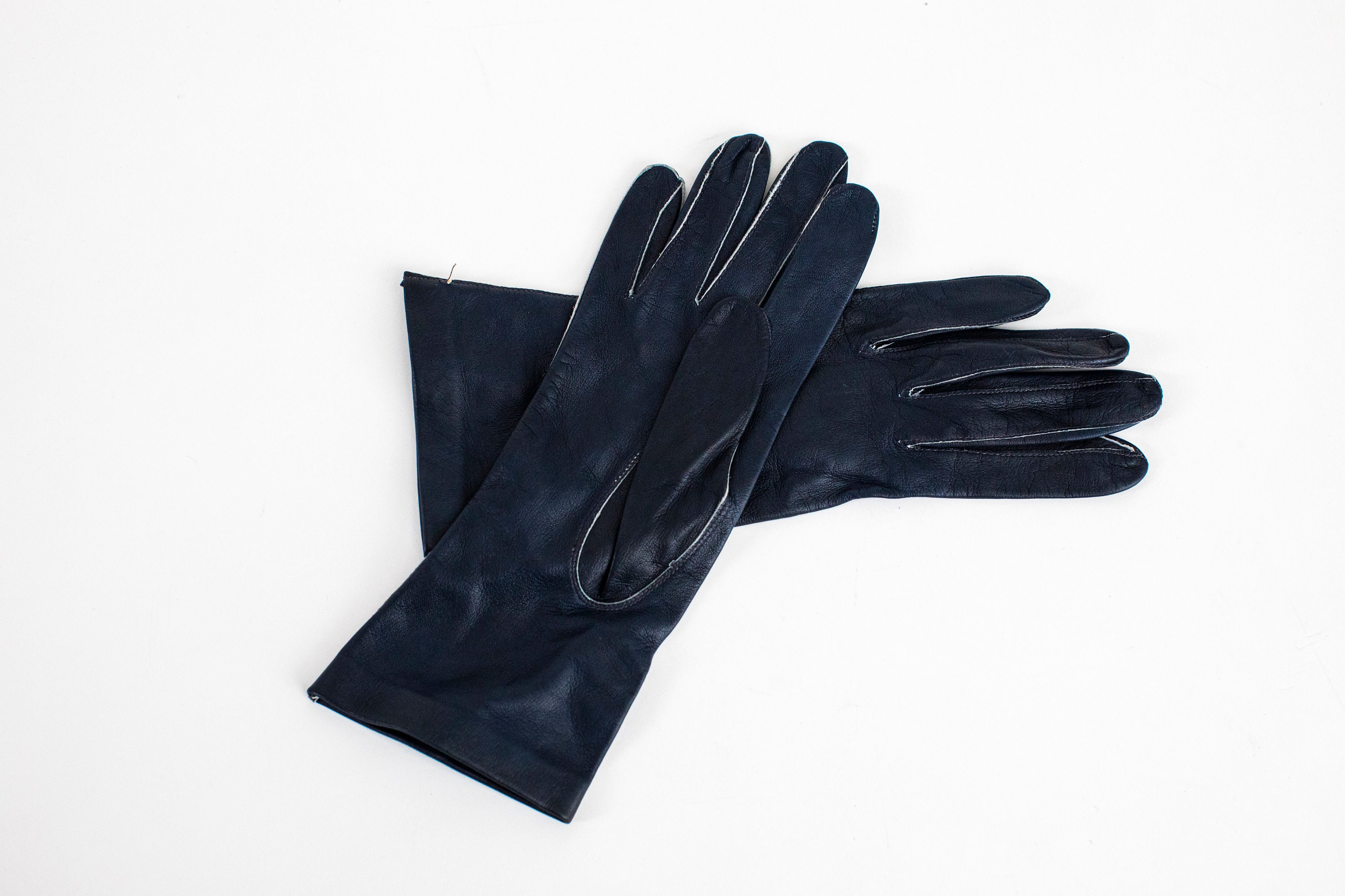 Vintage Fine Blue Leather Gloves Classic Vintage Gloves Soft Genuine ...