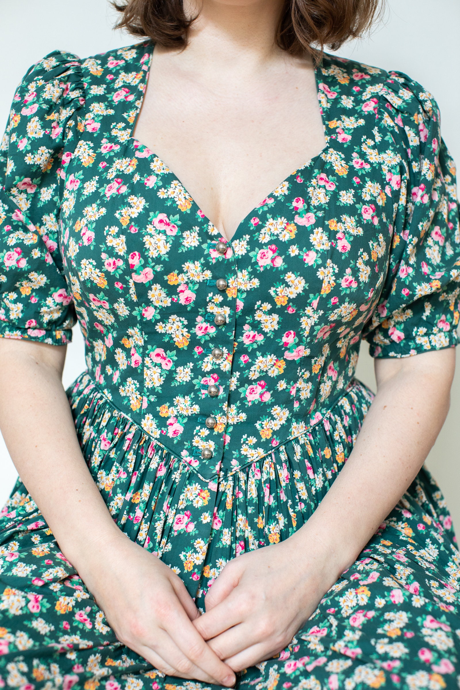 Vintage Silk Austrian Floral Dress Cottagecore Midi Folk Dress Size M ...