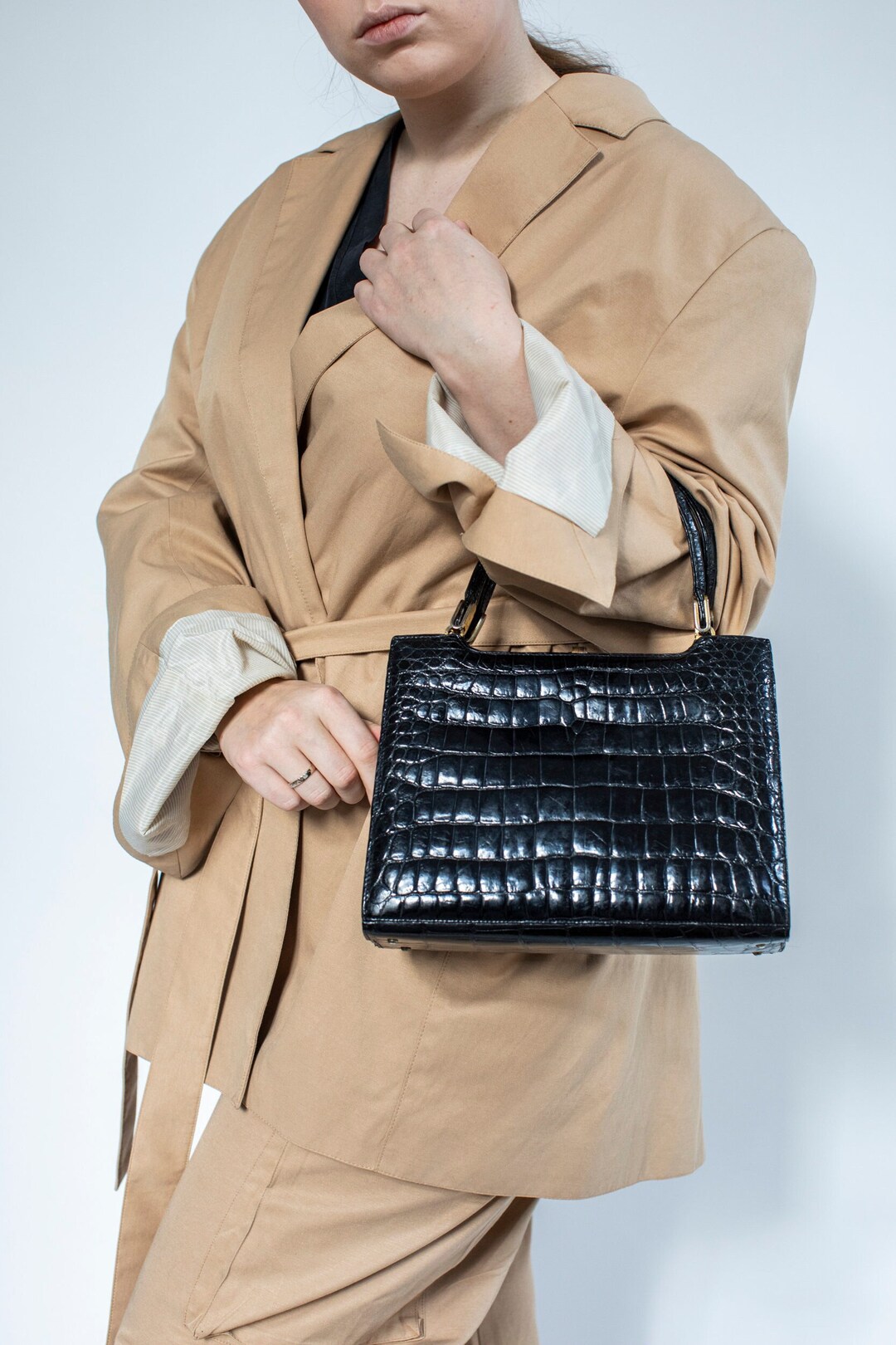 1960 Black Vintage Handbag 60's Top Handle Bag Genuine Leather Cute ...