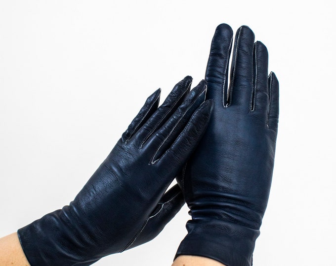 Vintage Fine Blue Leather Gloves Classic Vintage Gloves Soft Genuine ...