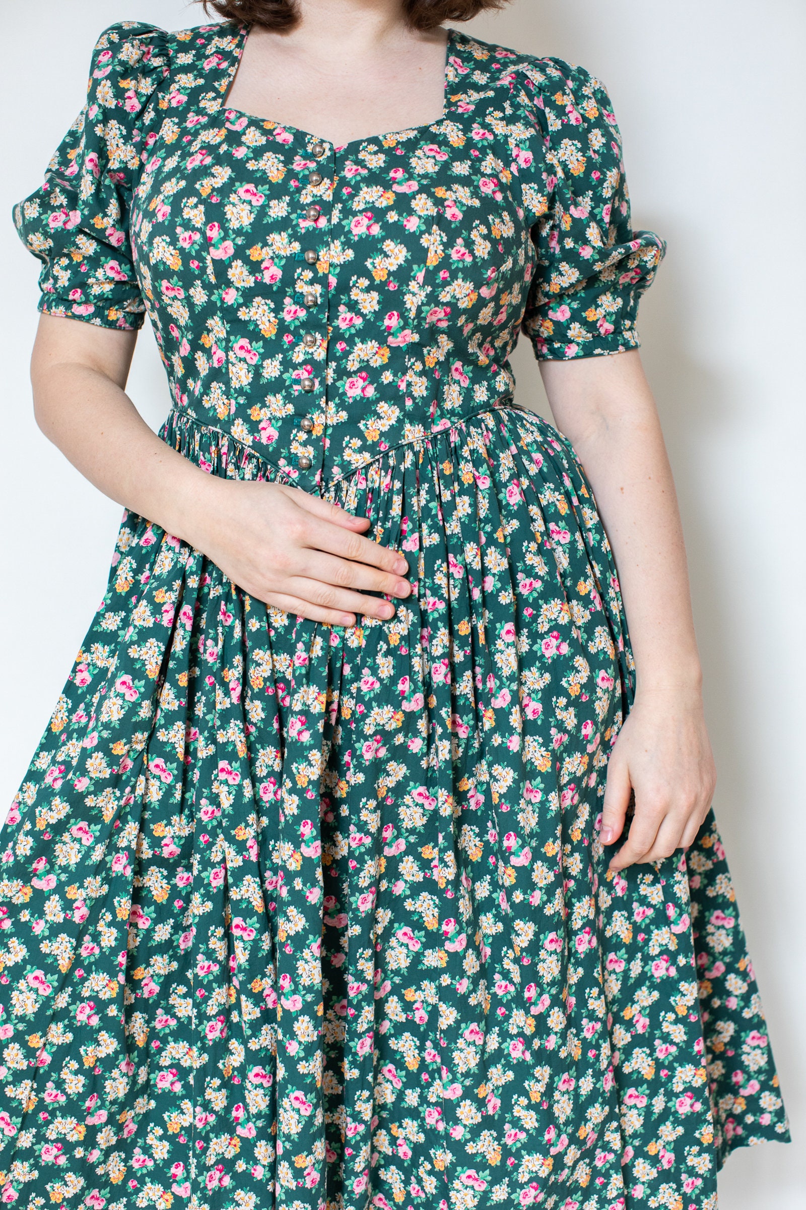 Vintage Silk Austrian Floral Dress Cottagecore Midi Folk Dress Size M ...
