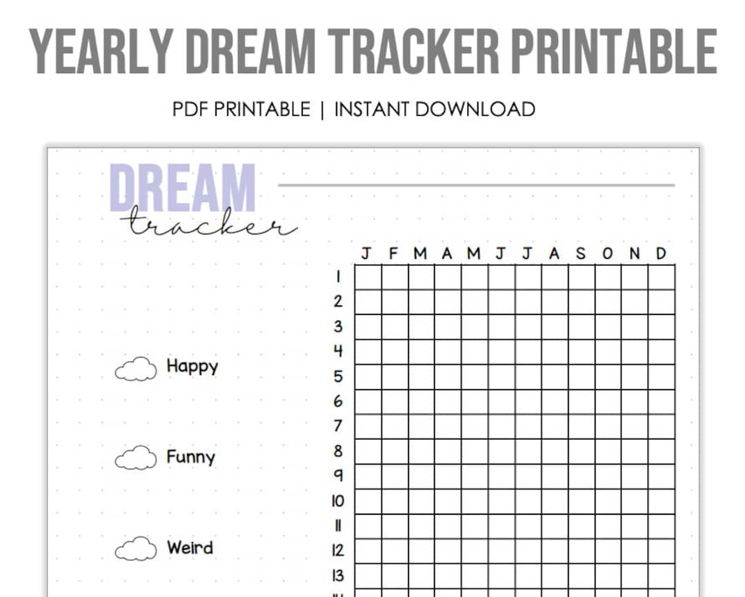 Digital Download Yearly Dream Tracker, Bullet Journal Insert, Dream ...