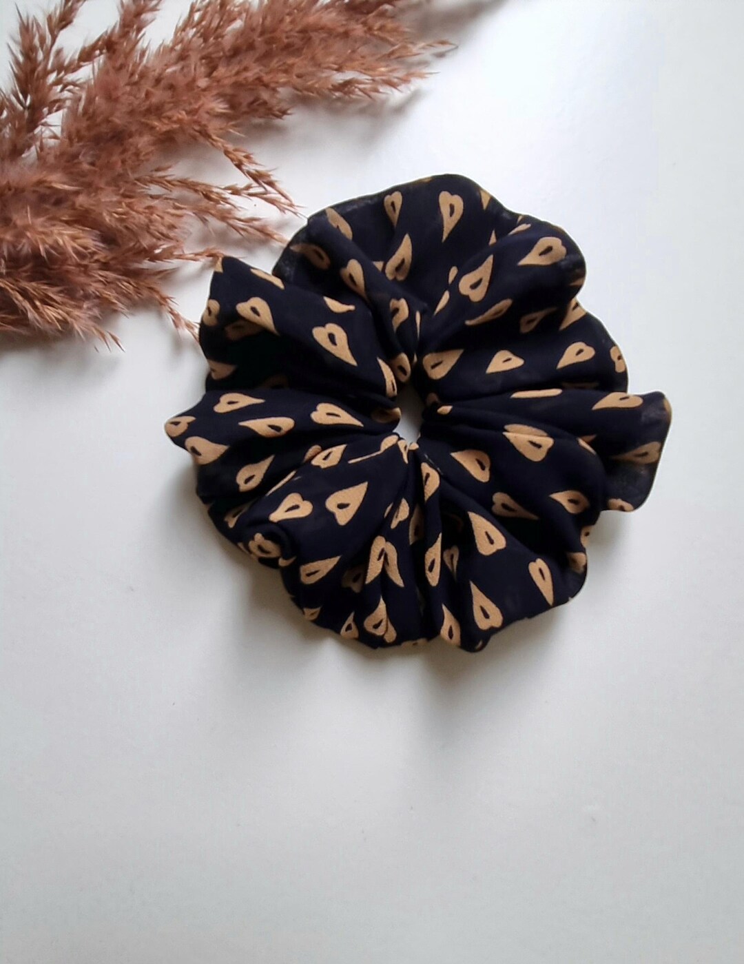Fluffy Scrunchie, Navy and Beige Scrunchie, Elegant Hair Scrunchie ...