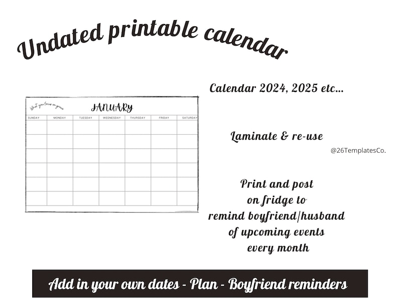 Undated Wall Calendar Printable: Blank Monthly Planner (digital ...