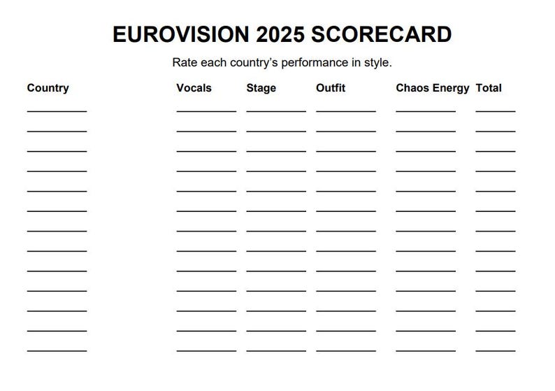 Eurovision 2025 Watch Party Scorecard-- Limited Edition - Etsy