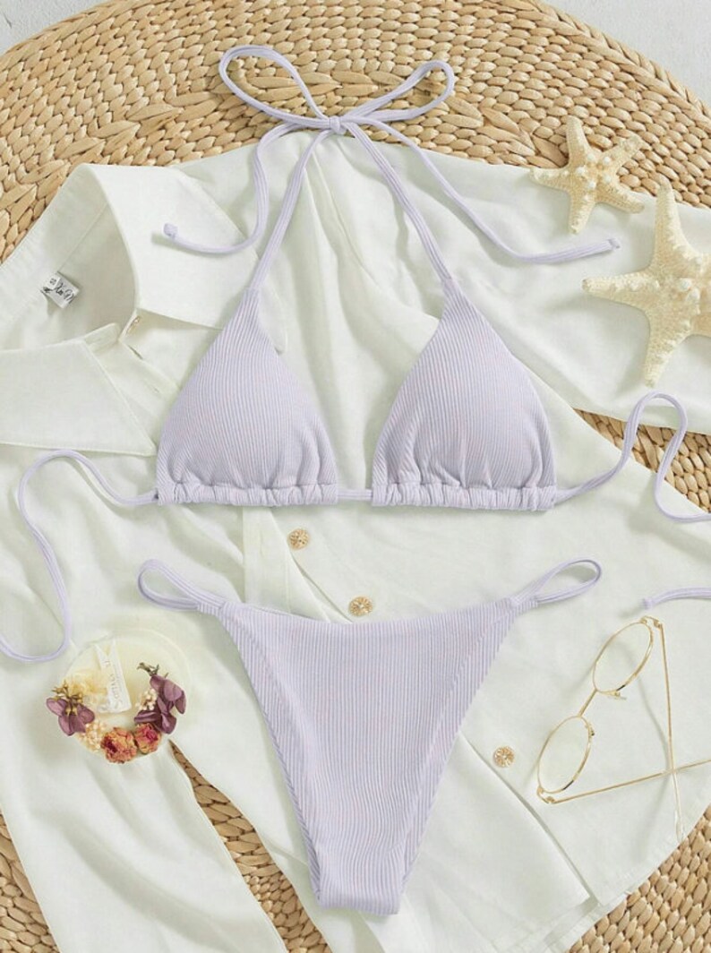 Solid Ribbed Thong Bikini Set Etsy