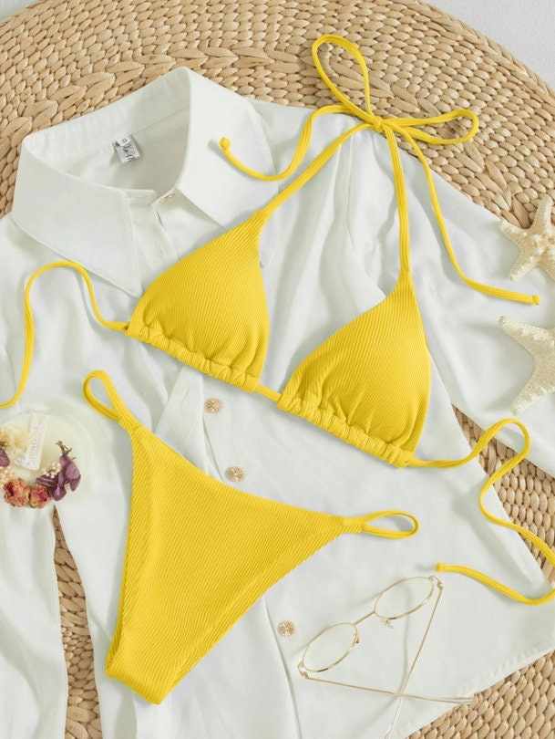 Solid Ribbed Thong Bikini Set Etsy