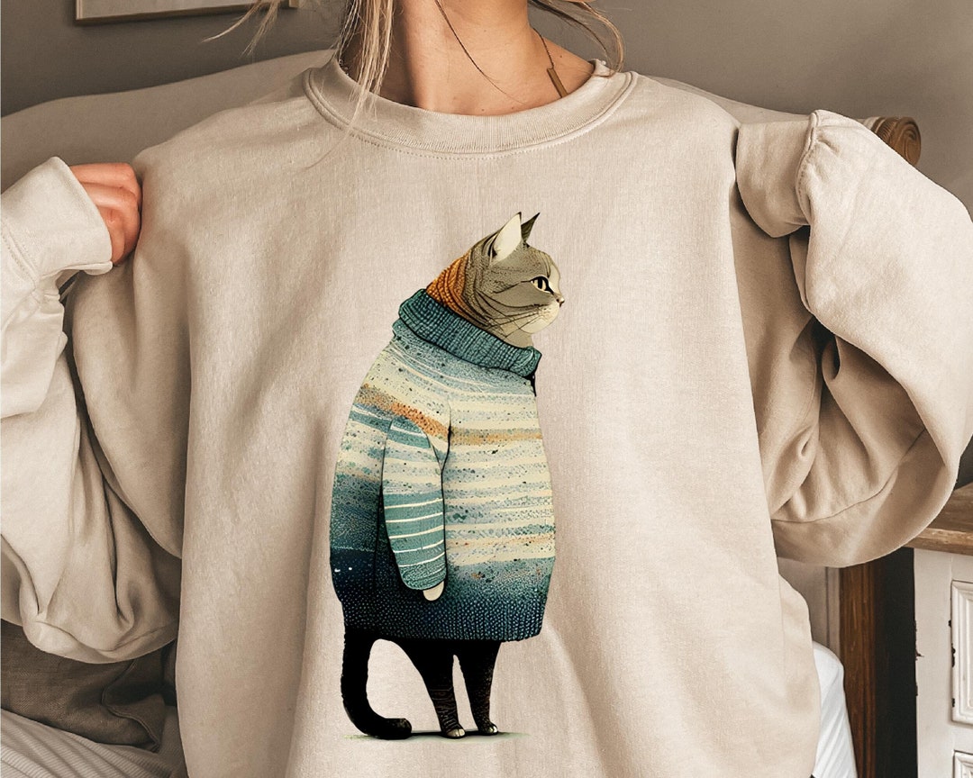Fat Gray Cat in Sweatshirt, Winter Cat, Cat Lover Sweatshirt, Fat Cat ...
