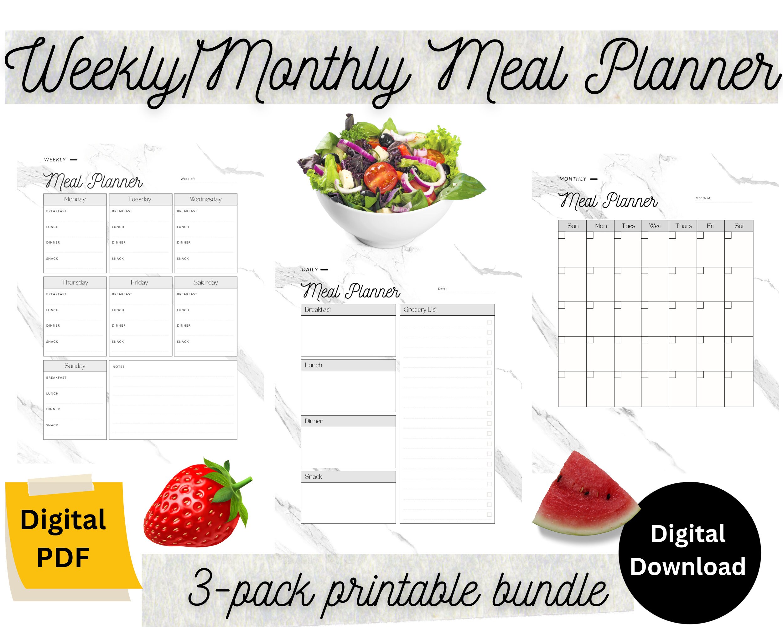 Digital Undated Meal Planner, Printable Meal Planner, Weekly/ Monthly ...