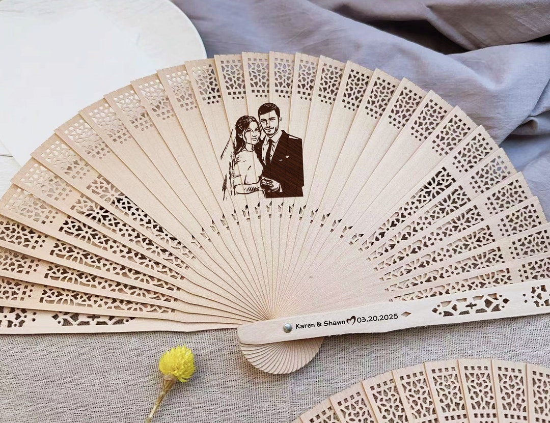 Pyrography Wood Picture on Hand Fan Custom Gift Wrapping Wedding Favors ...