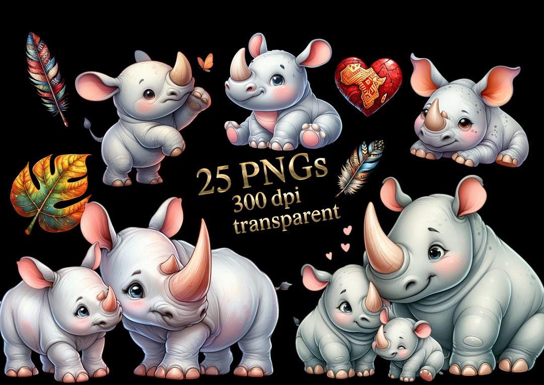Cute Rhino Animal Watercolor Family Mama Papa Child Baby PNG - Etsy