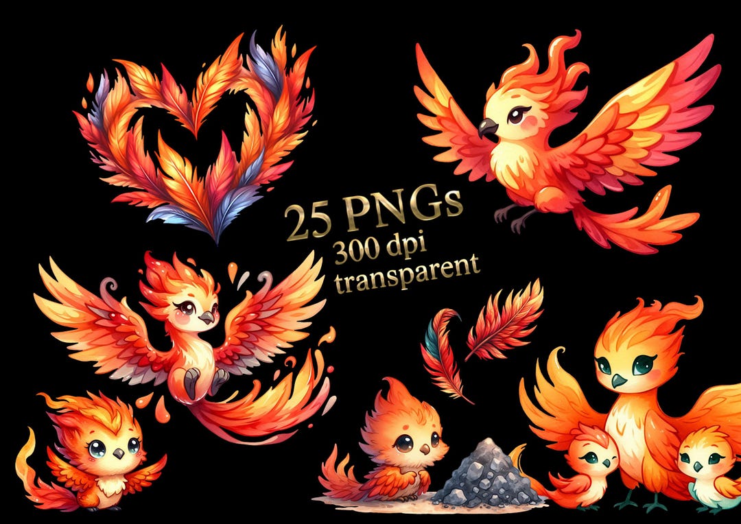 Cute Phoenix Animal Watercolor Mother and Baby Firebird Fawkes PNG - Etsy