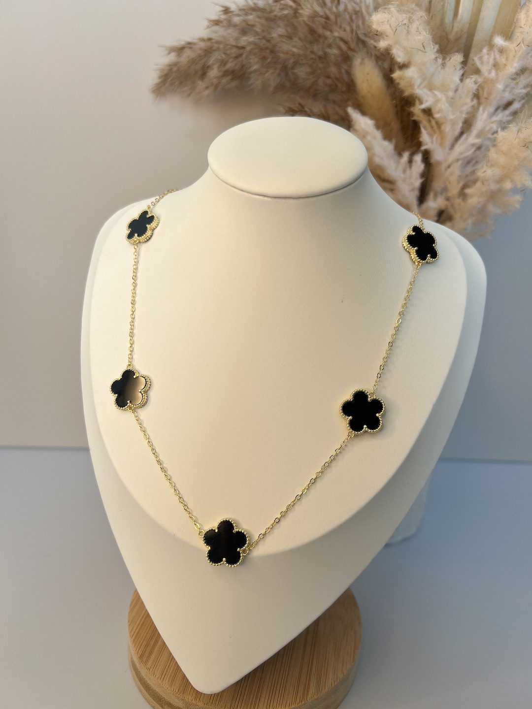 Gold Plated Clover Necklace: Black & Pearl, Sterling Silver Chain - Etsy