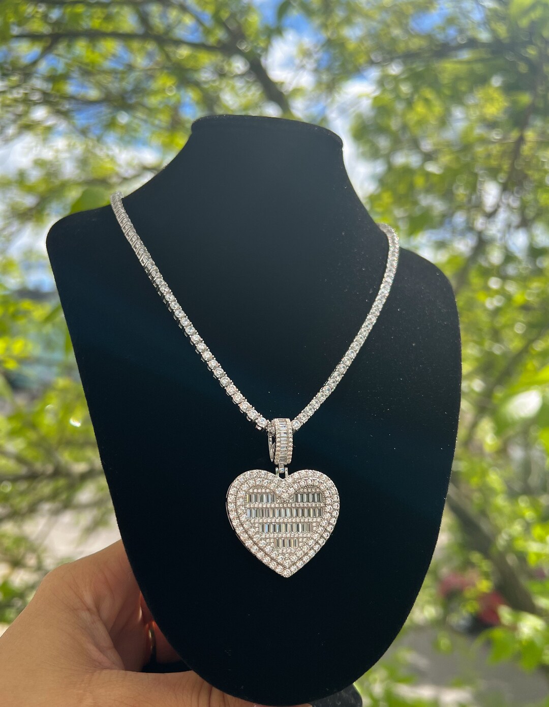 Heart Baguette Ice Chain: Rhodium Plated Sterling Silver Tennis Chain ...