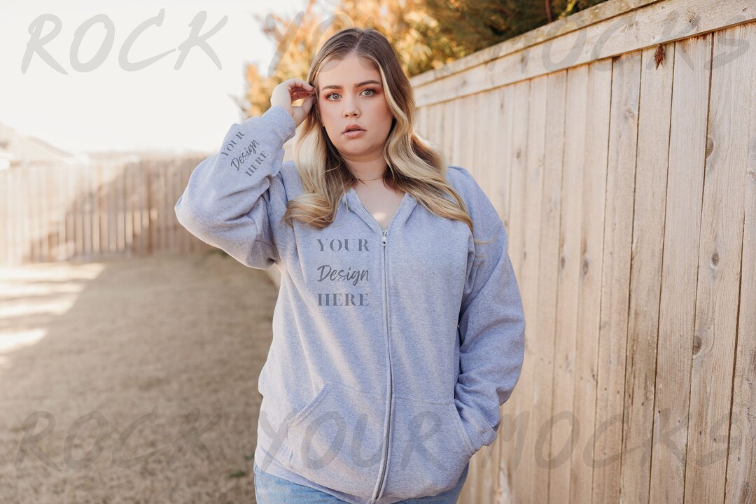 Gildan 18600 Sports Gray, Plus Size Model Mockup | Full-zip Hooded ...