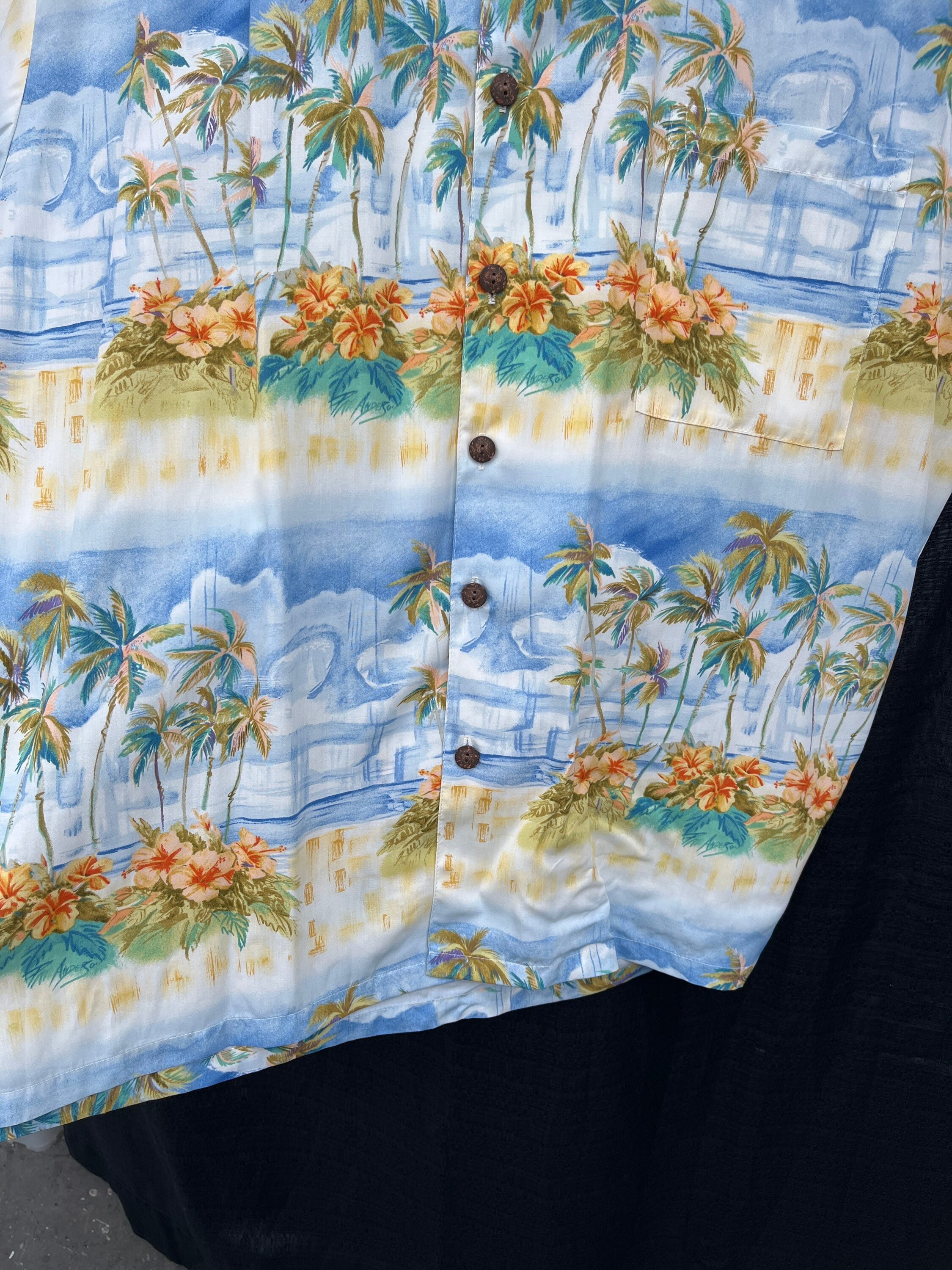 Kahala Hawaiian Islands Men’s Aloha Shirts. Rayon XL. Palm Tree Hibiscus Ocean Scene. Engineered ...
