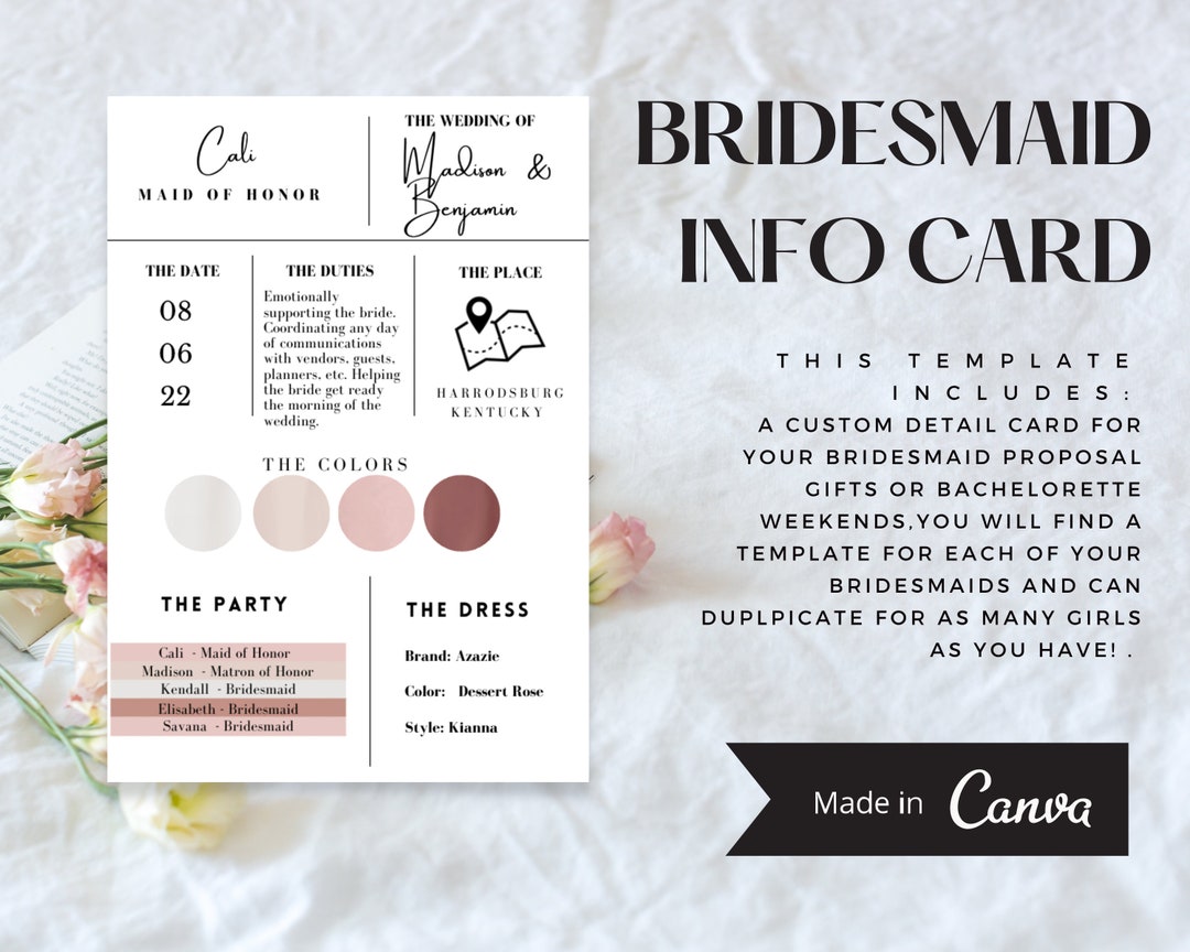 Printable Bridesmaid Info Card Template, Bridal Party Info Card ...